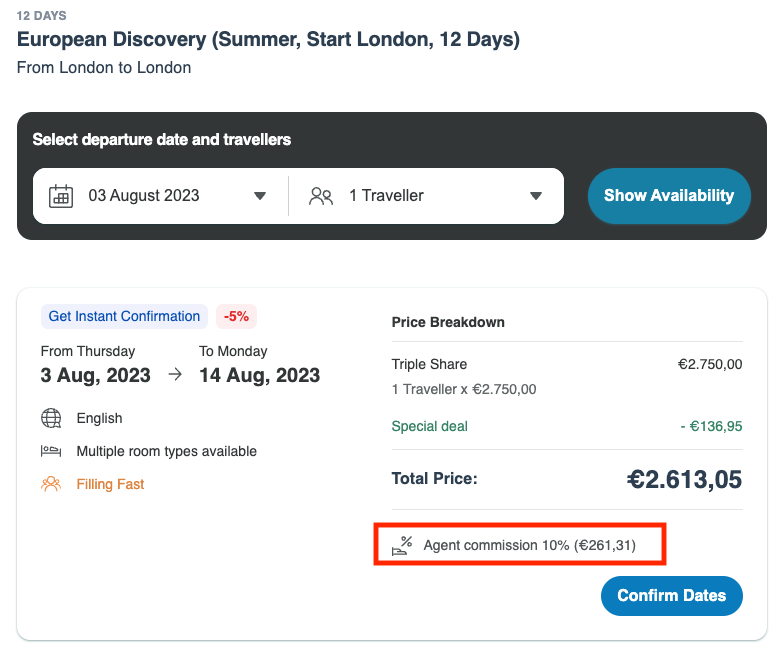 Where can I see how much commission I can earn on an adventure?