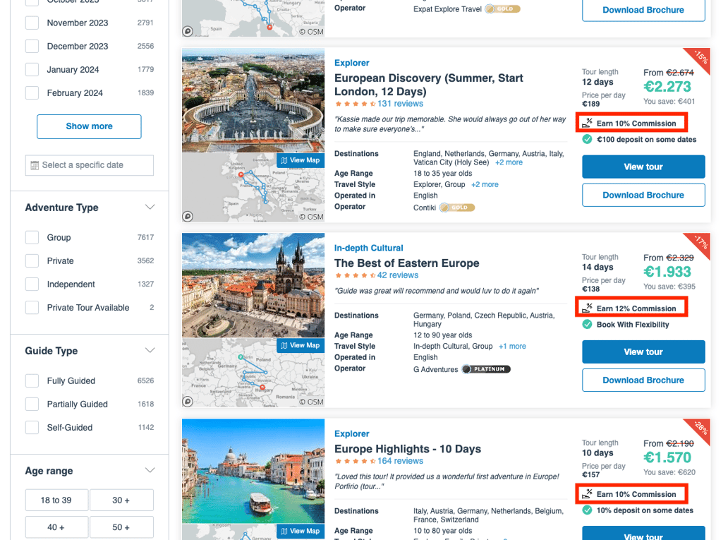 Where can I see how much commission I can earn on an adventure?