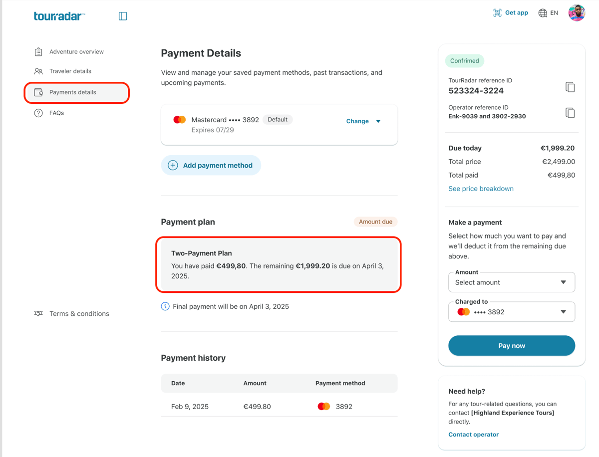 How do I pay my tour balance?