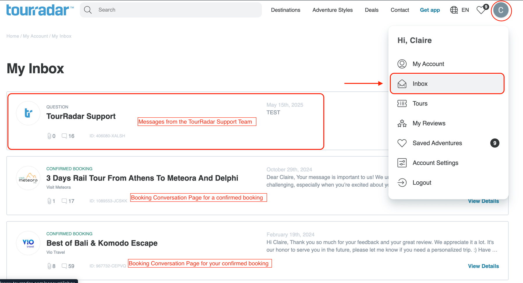 How do I send and read messages on TourRadar?