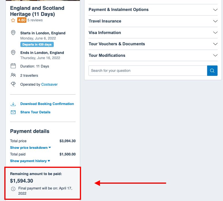 How do I pay my tour balance?